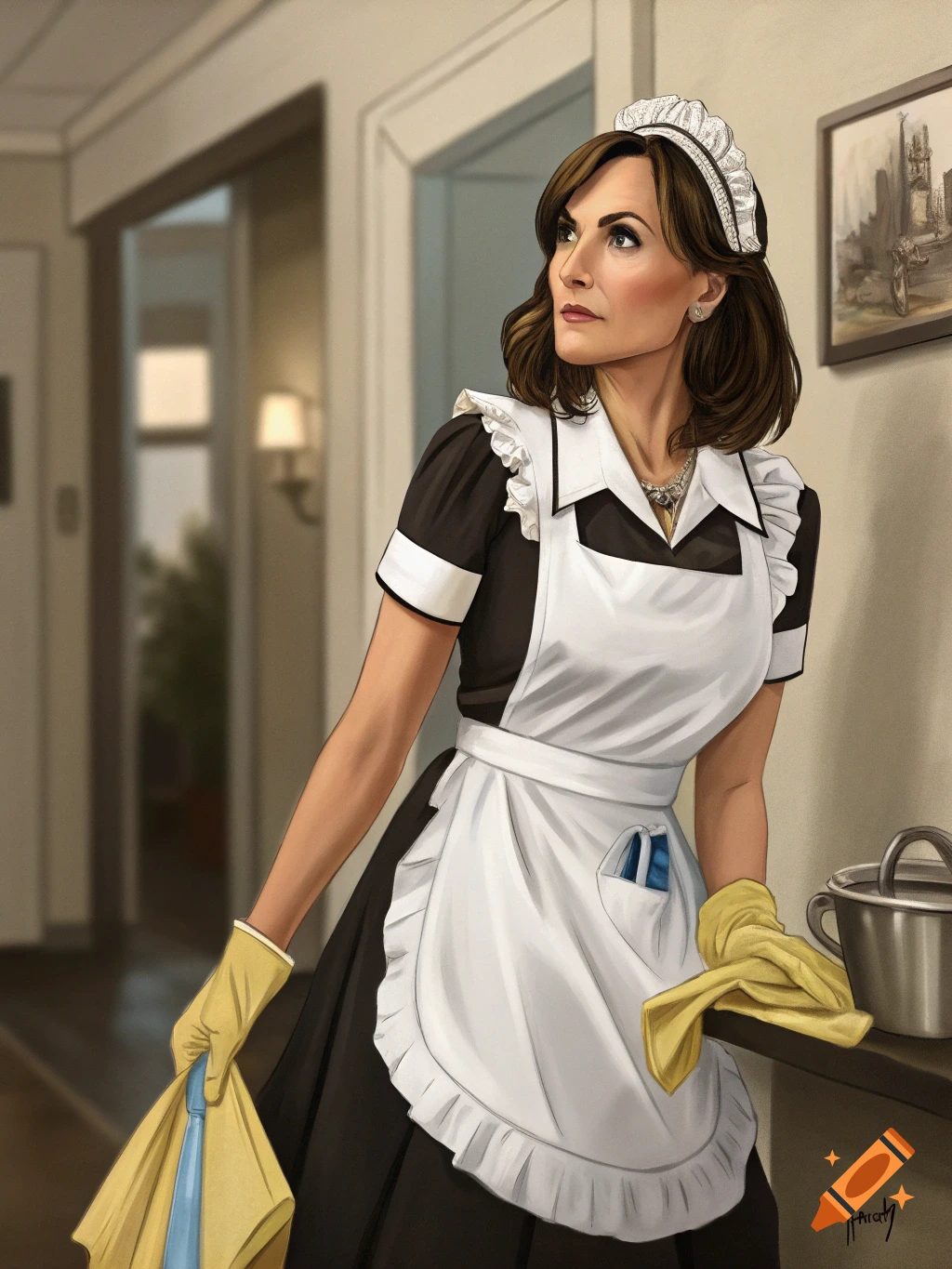 Digital painting of a woman in a maid uniform holding a rag and ...