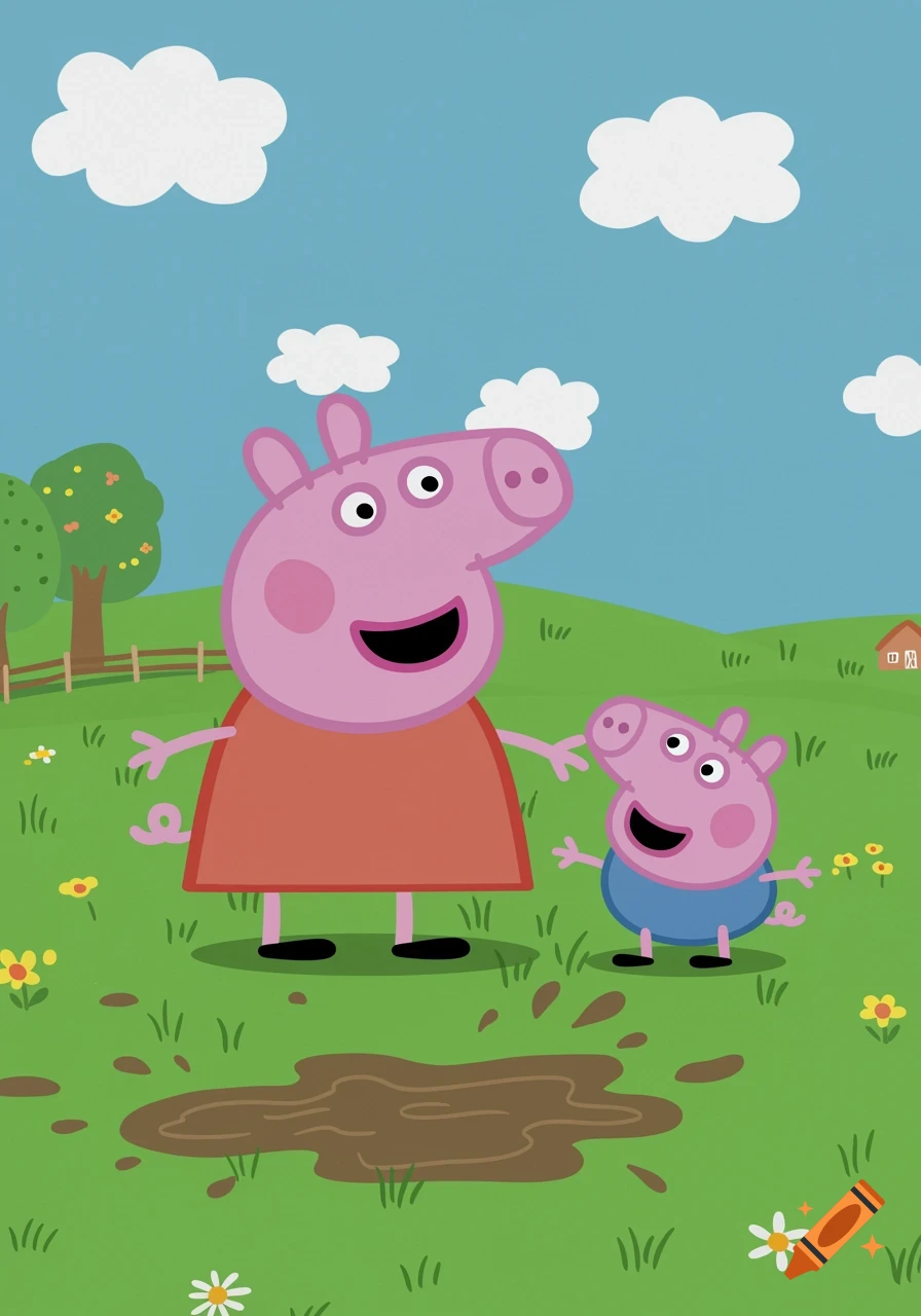 Peppa Pig and George splash in a muddy puddle in a grassy field under a ...
