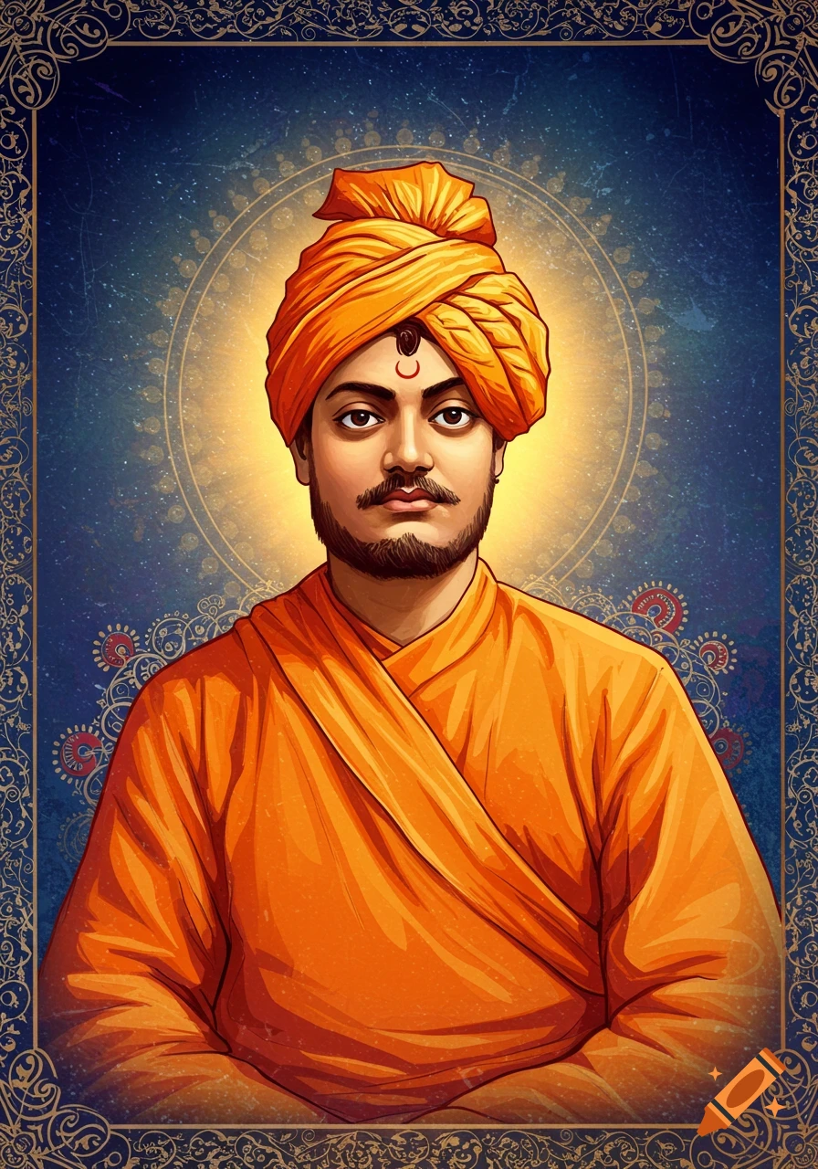 Portrait illustration of a man in orange robes and yellow turban with a ...