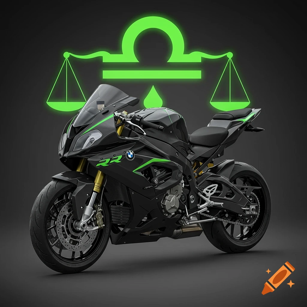 A black BMW sport motorcycle with green accents is parked in front of a ...