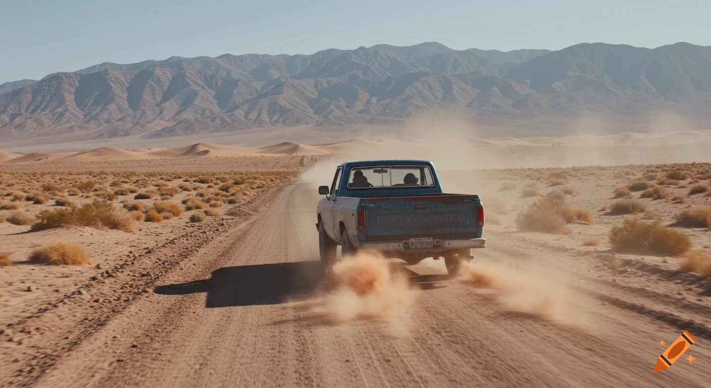 A blue pickup truck drives on a dusty road through a vast desert ...