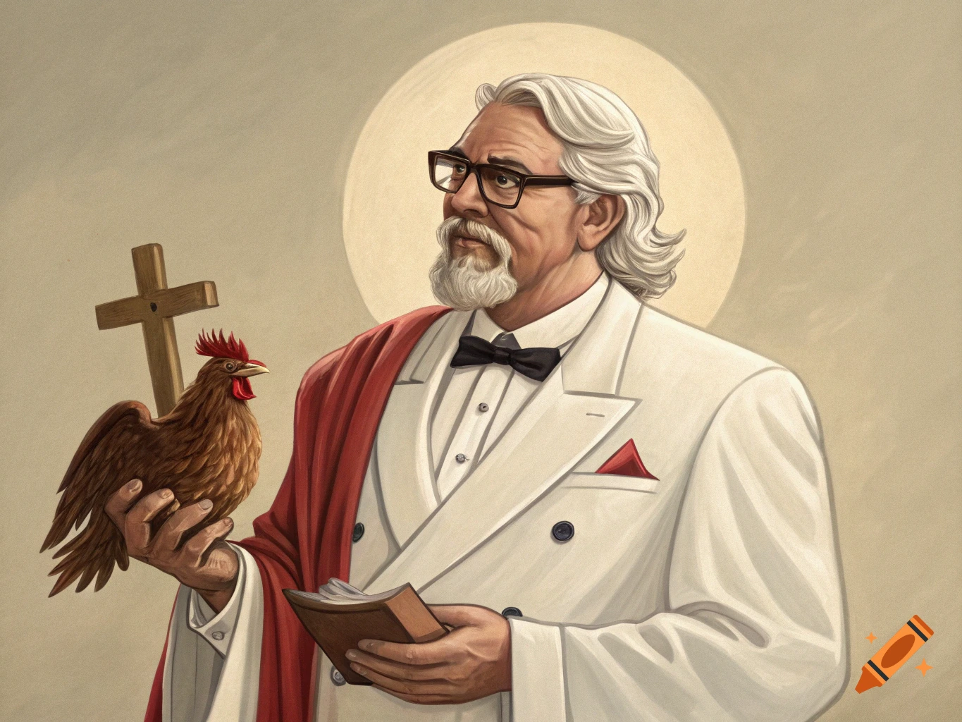 Painterly portrait of Colonel Sanders depicted as Jesus Christ holding ...
