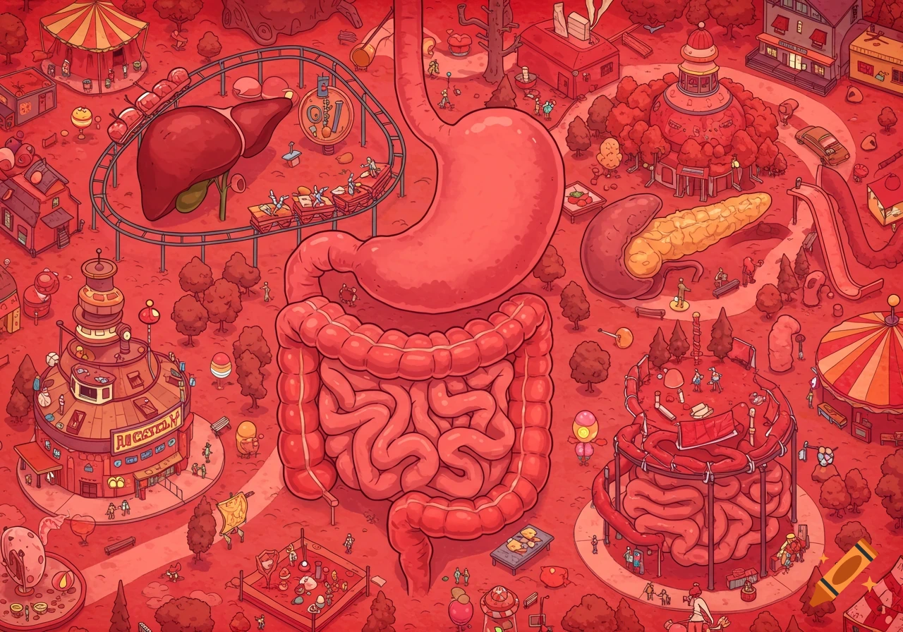 Stylized bird's eye view illustration of digestive organs as a red ...