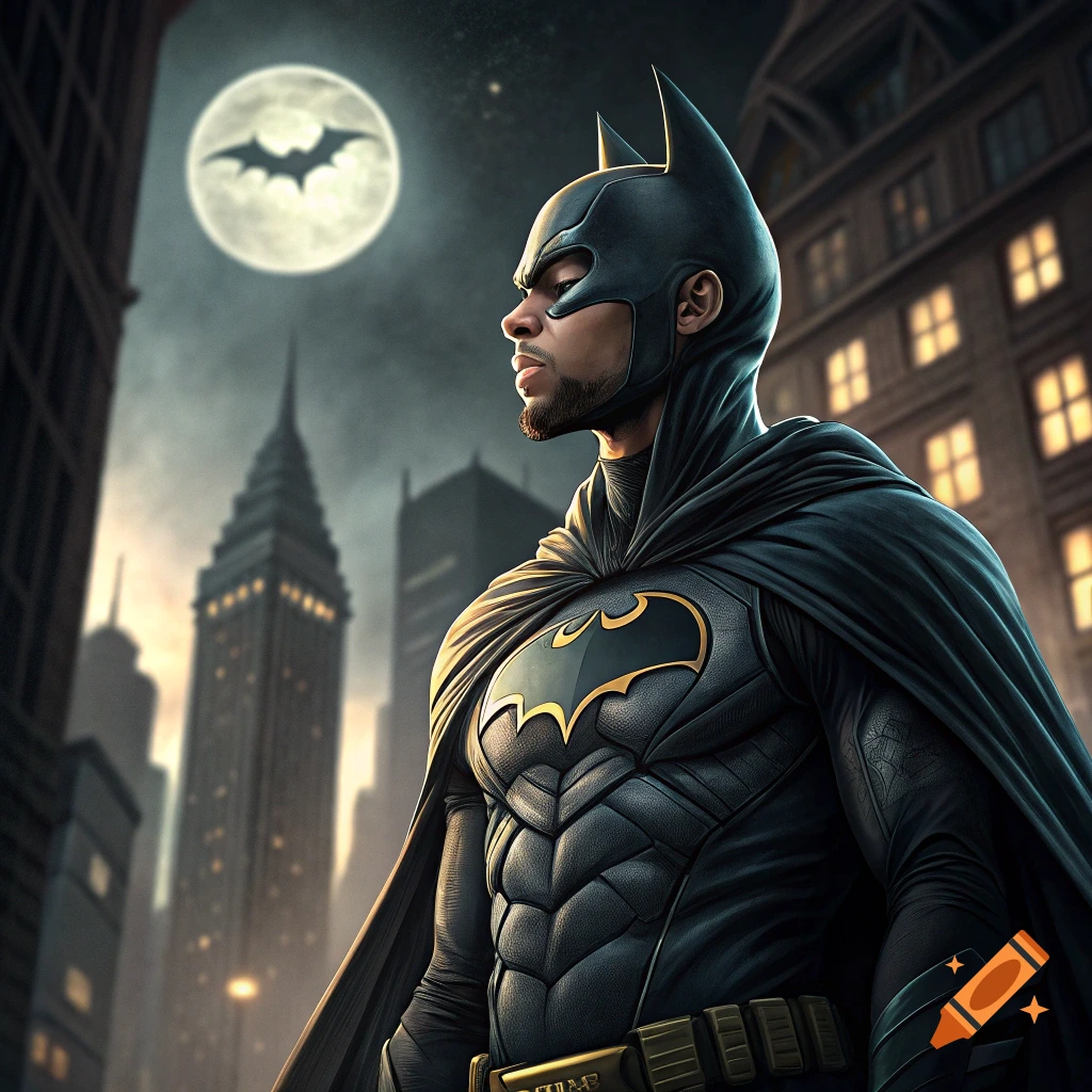 A man in a Batman costume stands in a city at night with the Bat-Signal ...
