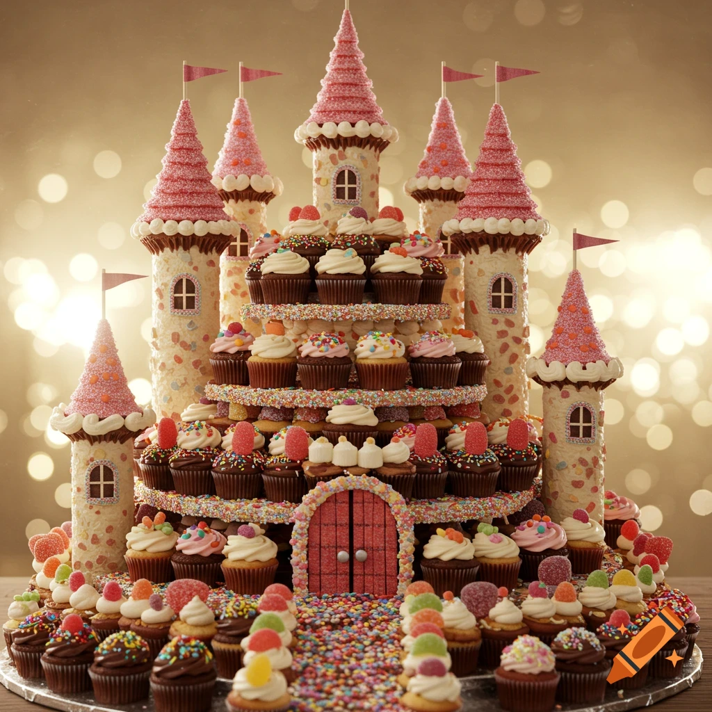 A large castle made entirely of cupcakes and candy. on Craiyon