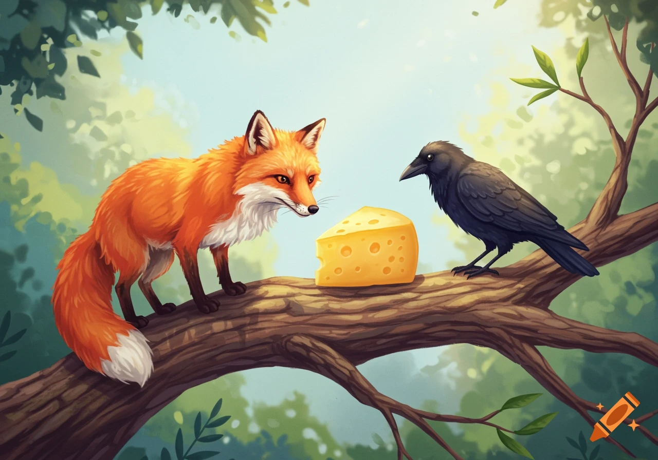 An illustration of a fox and a crow with a piece of cheese sitting on a ...