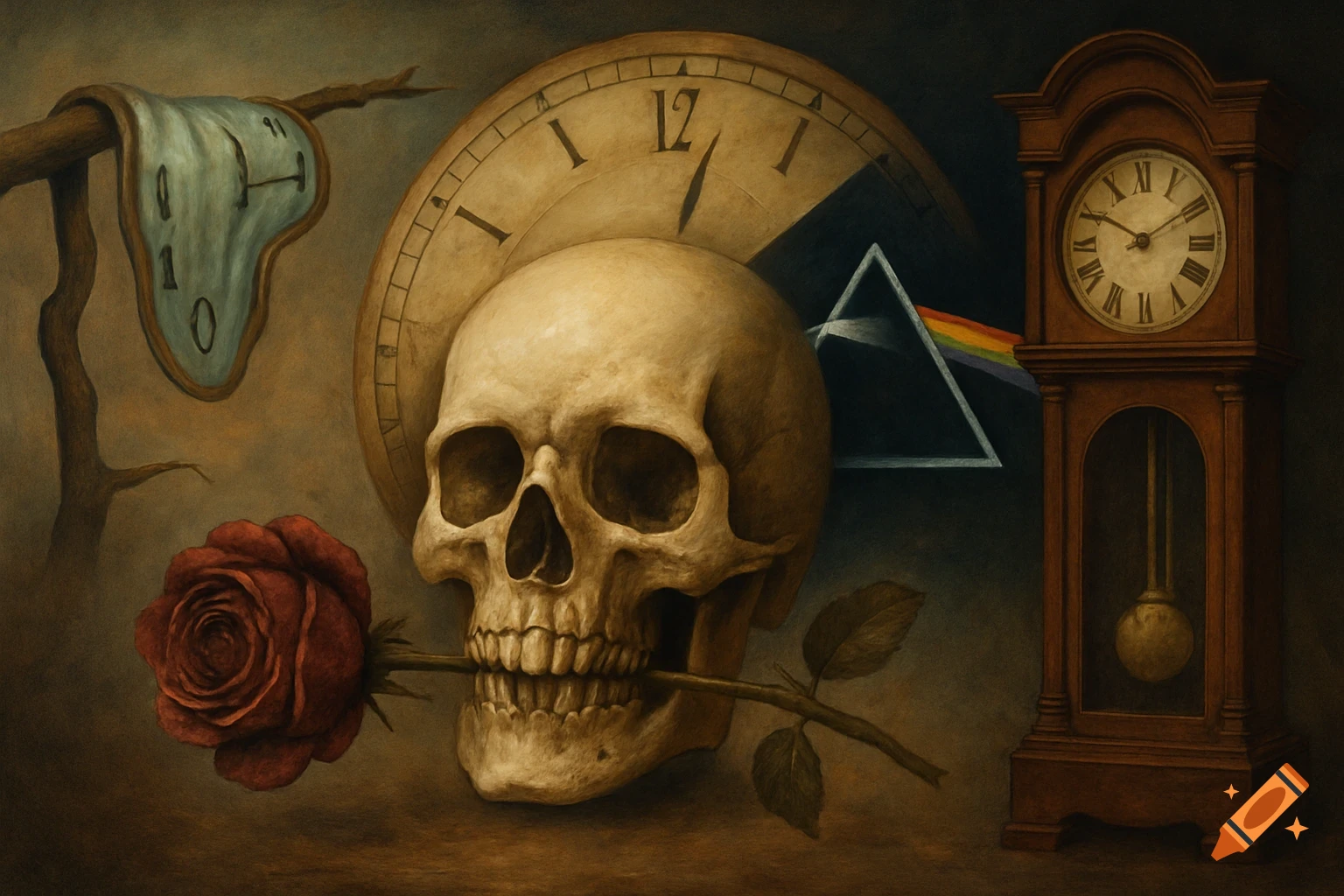 Surreal painting of a skull with a rose in its mouth, melting clock ...