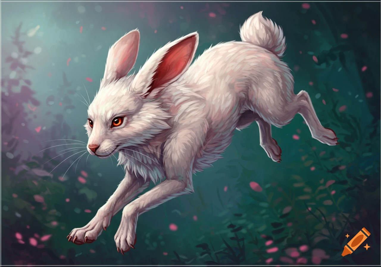 A white rabbit-like creature with red eyes leaps through a dark forest ...