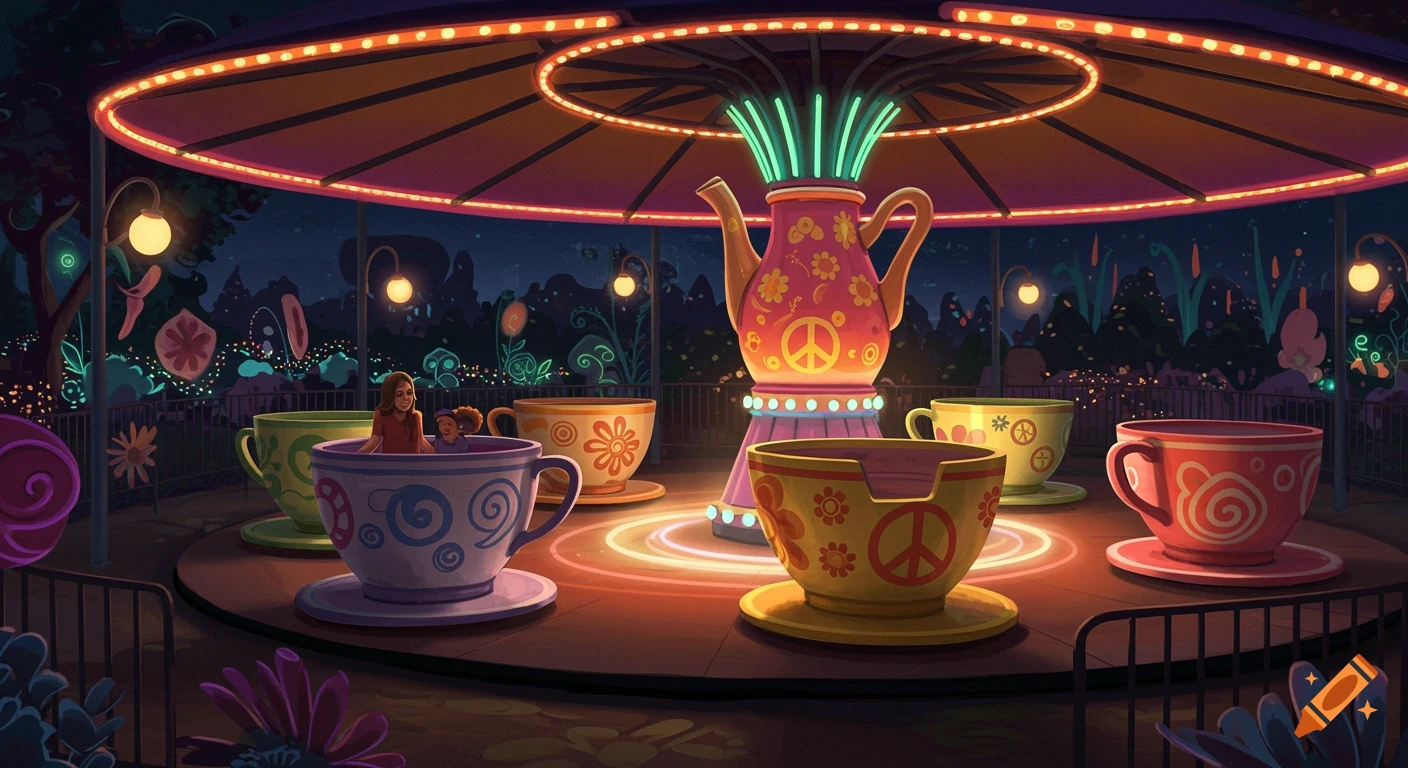 Psychedelic-themed teacup ride at night in an amusement park with ...