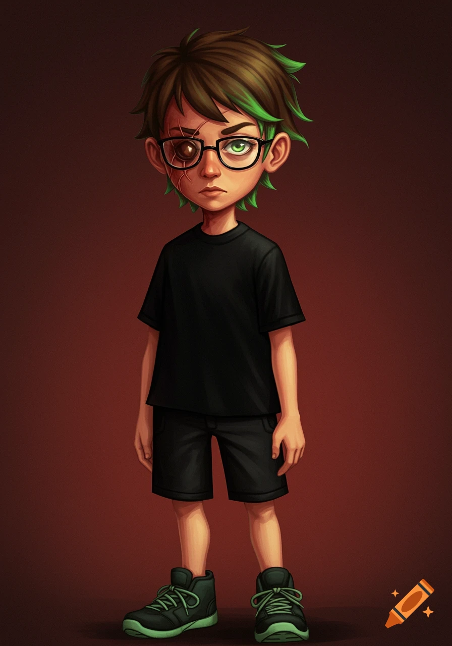 A cartoon illustration of a boy with a scar over one eye, wearing ...