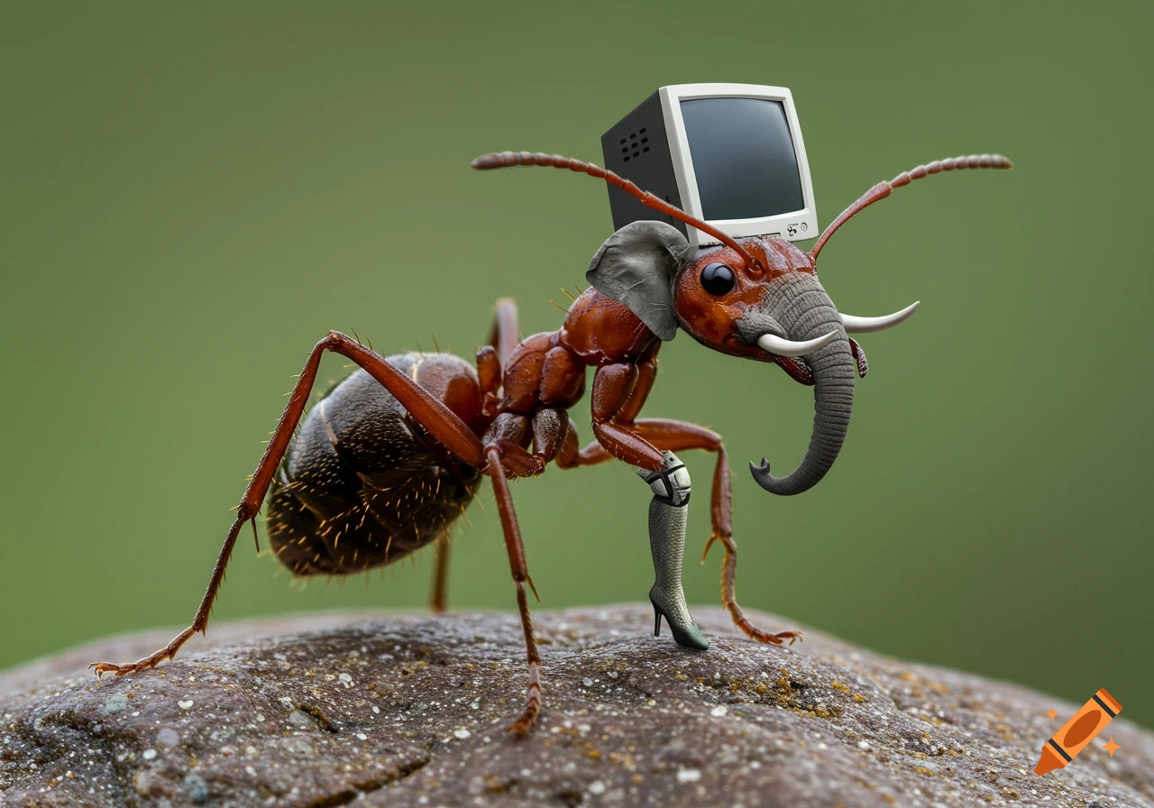 A surreal macro photo of an ant standing on a rock, with an elephant's ...