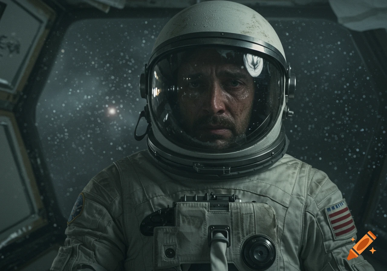 Photorealistic close-up of a distressed astronaut in a helmet inside a ...