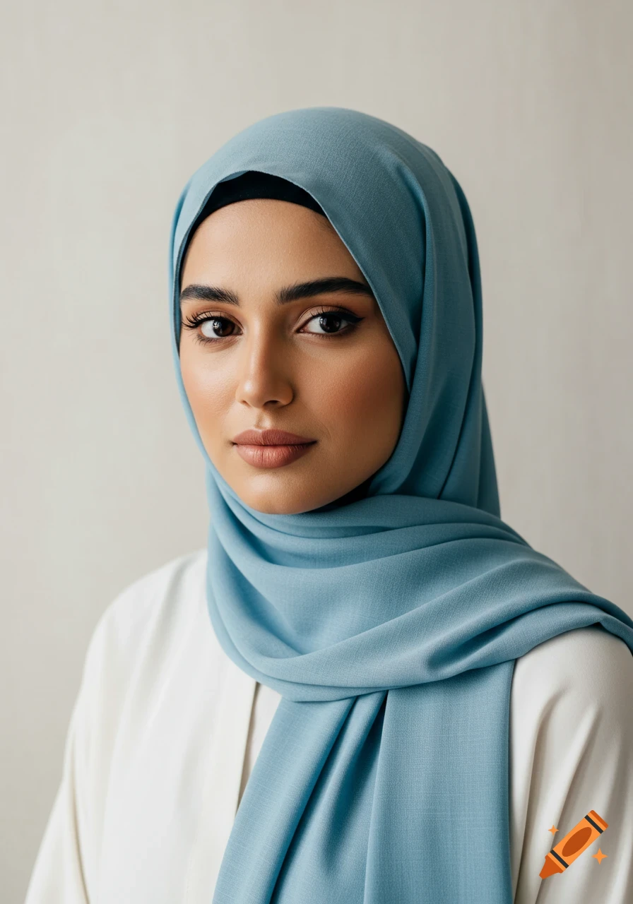 A close-up portrait of a woman wearing a light blue hijab and white clothing. on Craiyon