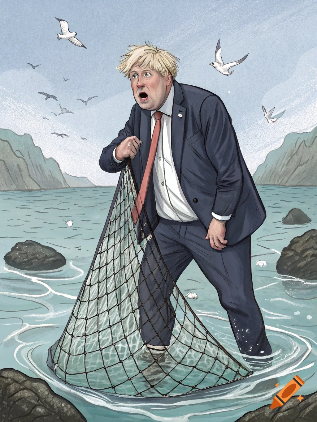 Illustration of Boris Johnson standing in water, tangled in a fishing ...
