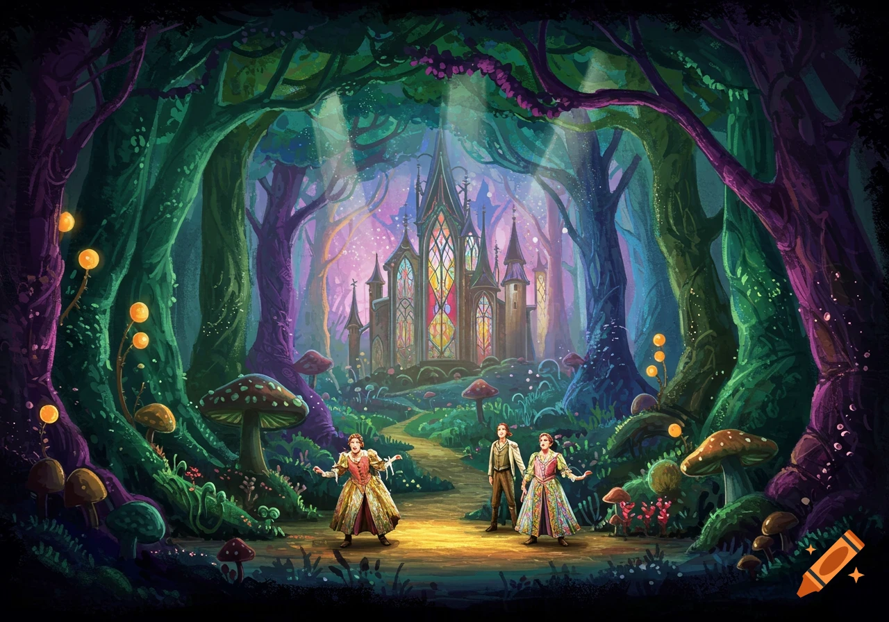 A colorful stage set of a fantasy forest with a castle and three ...