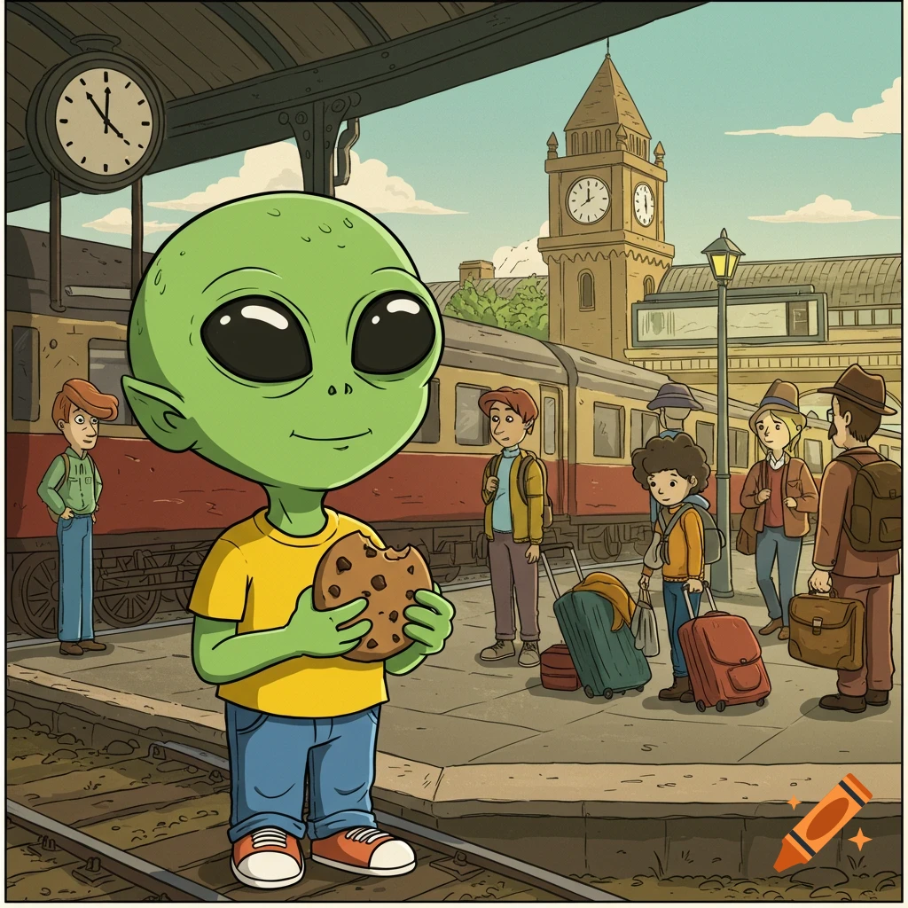 A cartoon green alien holds a chocolate chip cookie while standing on a ...