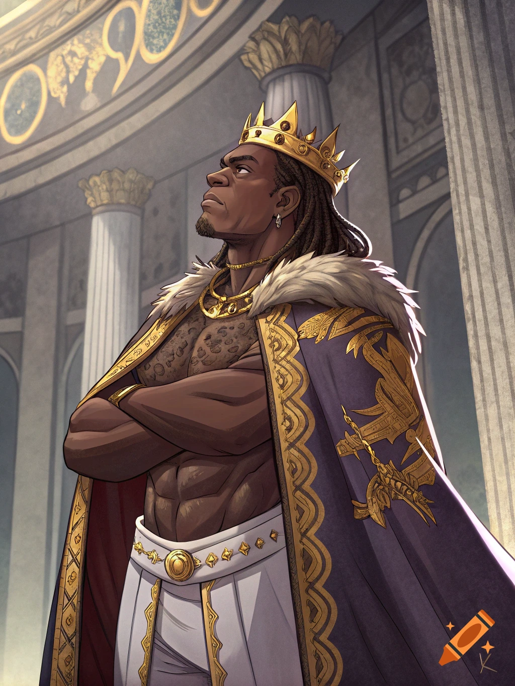 Illustrated portrait of a muscular king in a crown and royal cape ...