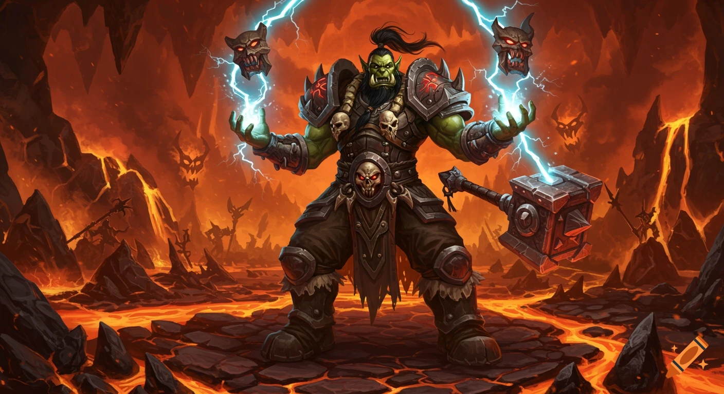 Orc Shaman casts lightning in a fiery volcanic landscape, digital ...