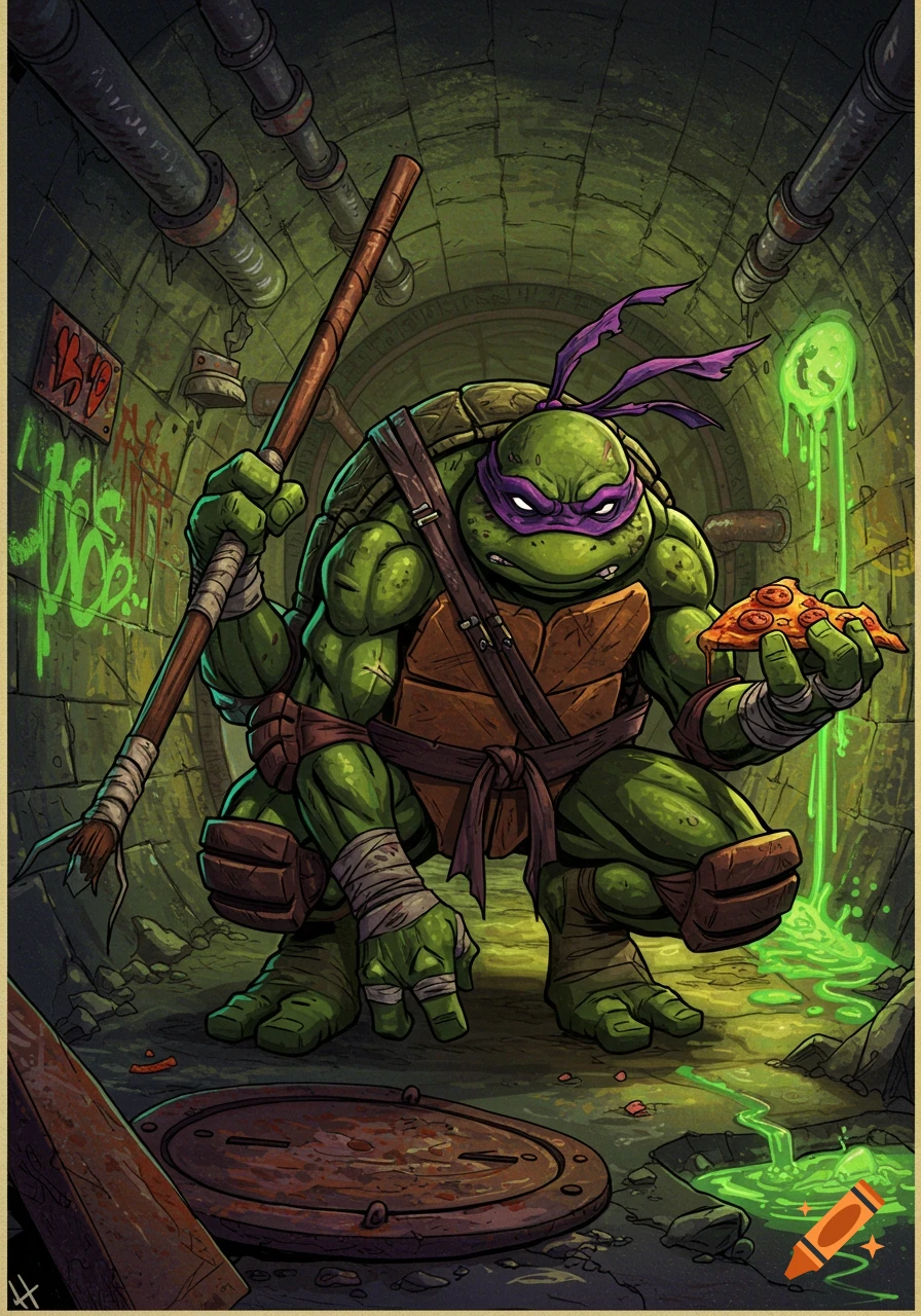 Donatello from TMNT crouches in a sewer holding a bo staff and a slice ...