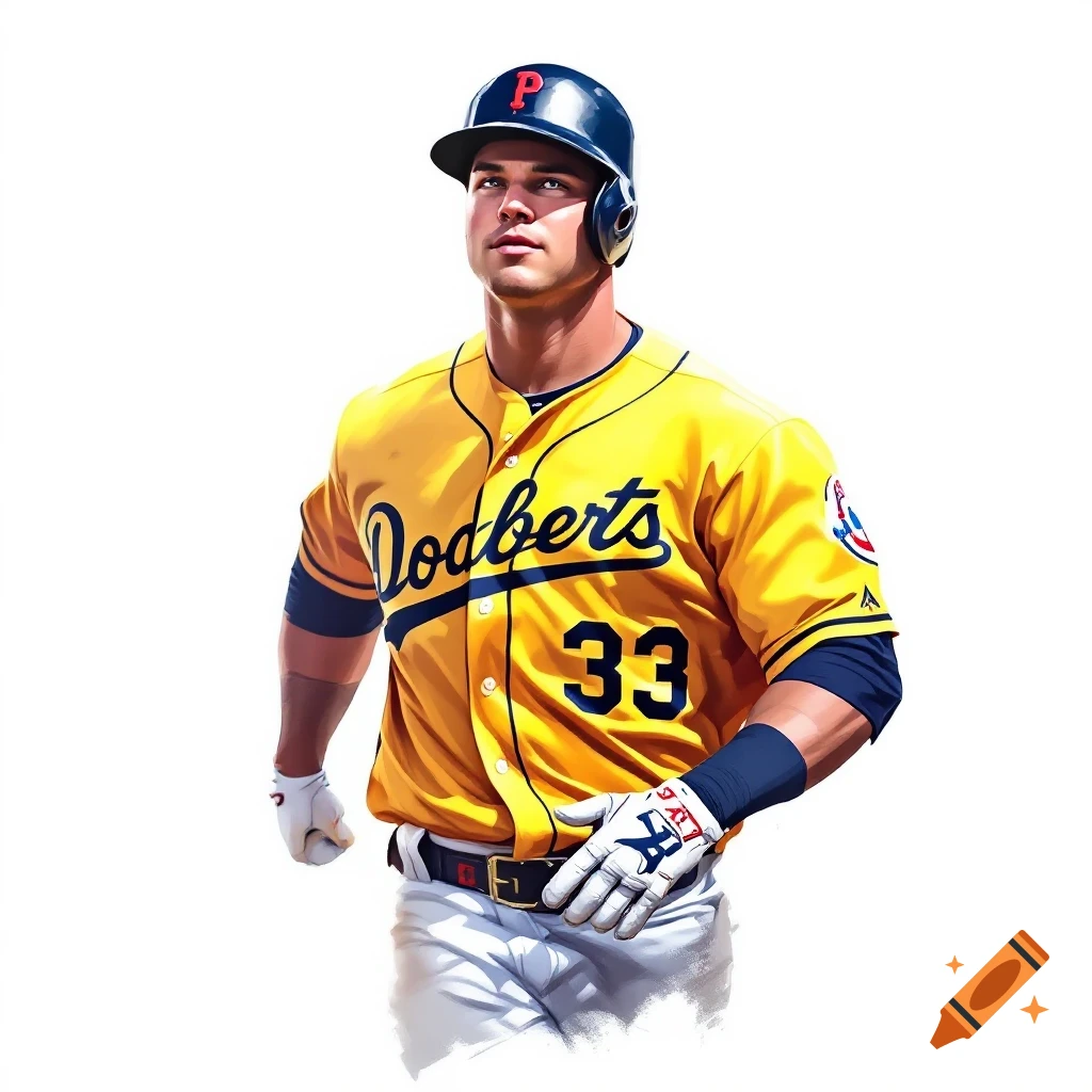 Baseball player in yellow jersey with "Dodberts 33" and blue hat on Craiyon