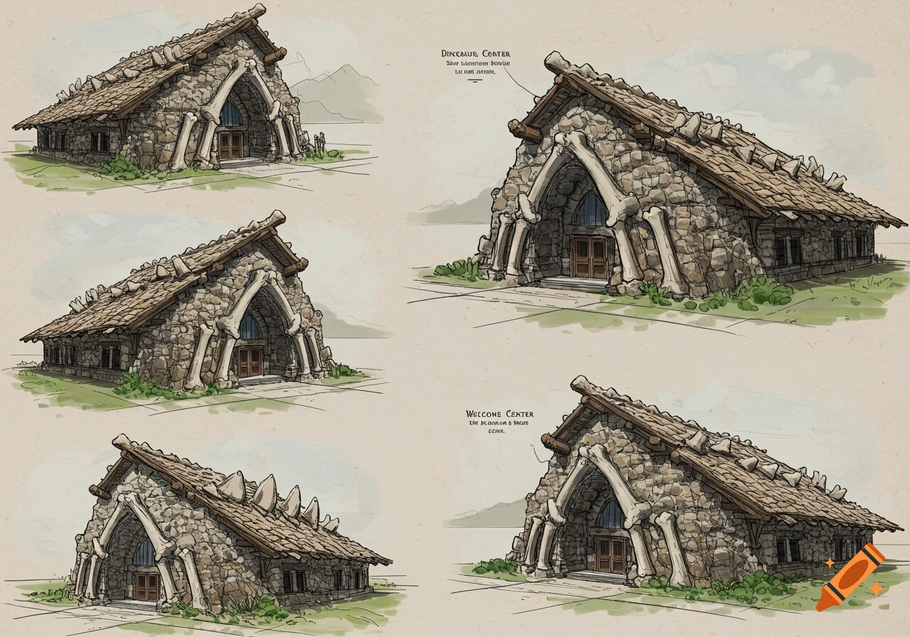Concept sketches of a stone building with bone features, in a line art ...