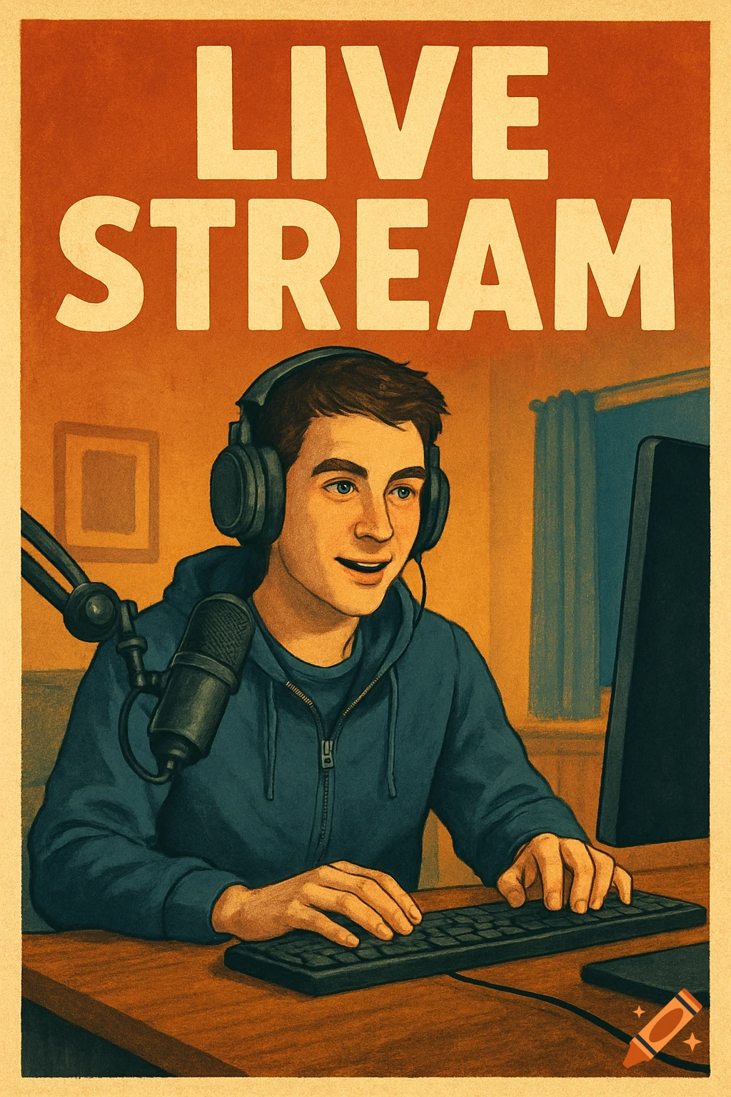 Poster illustration of a person preparing to live stream at a desk with ...