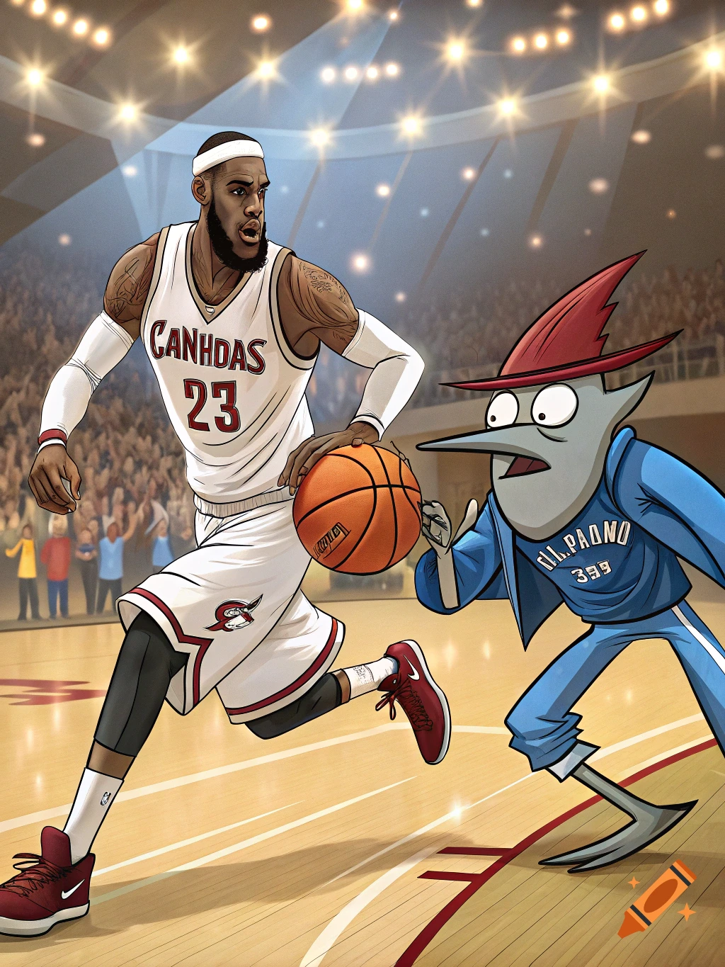 Cartoon of LeBron James playing basketball against Mordecai from ...