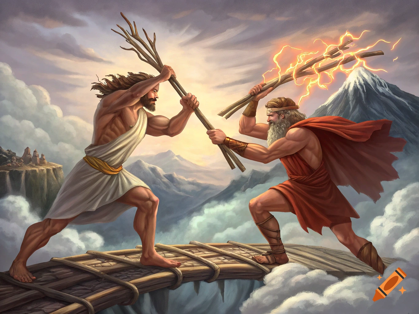 Two powerful mythological figures battle on a bridge over clouds, one ...