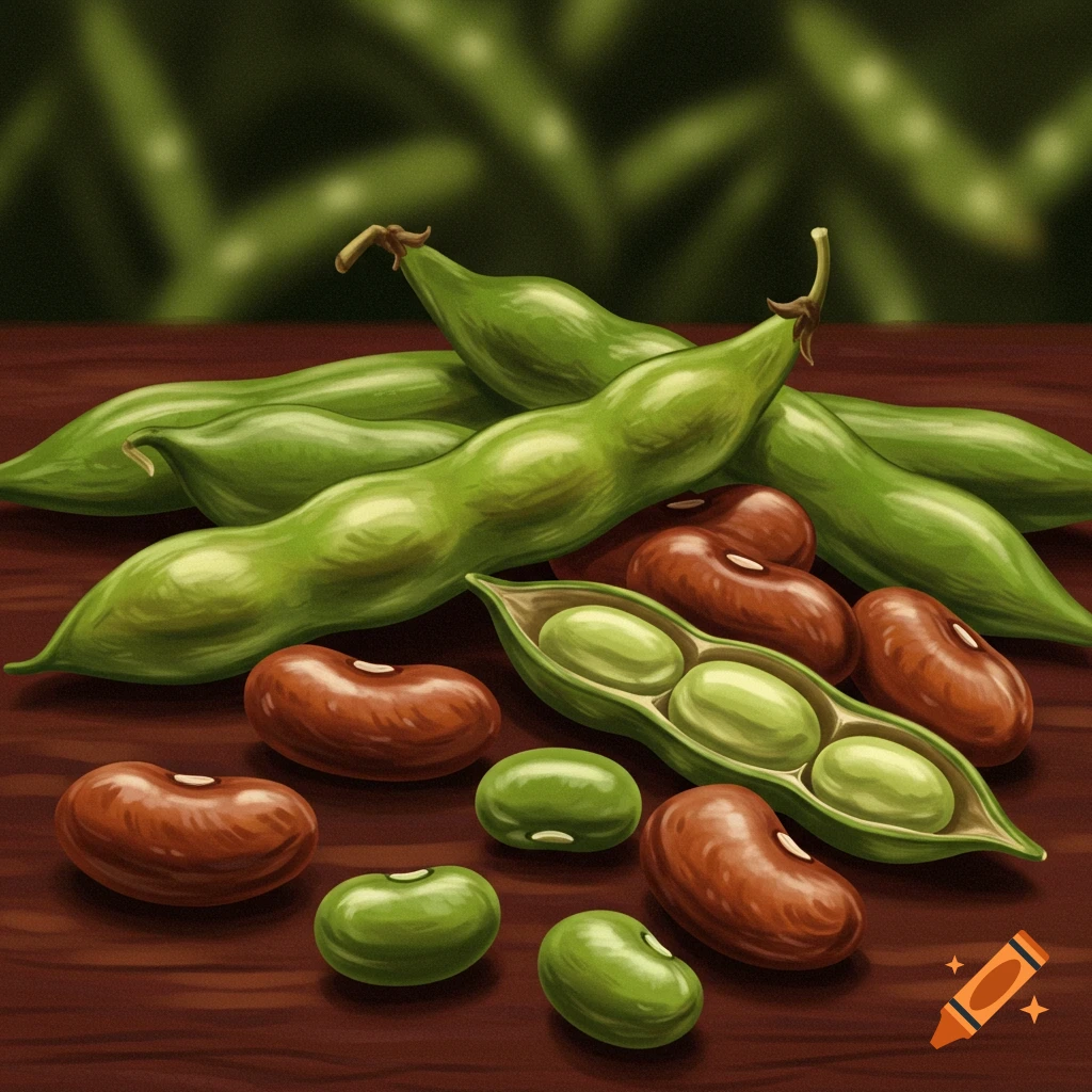 Still life illustration of green bean pods, shelled green beans, and ...