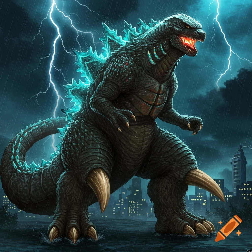 A large monster resembling Godzilla with hoof-like feet stands in a ...