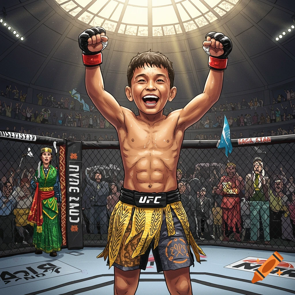 Illustration of a young boy celebrating victory in a UFC ring with arms ...