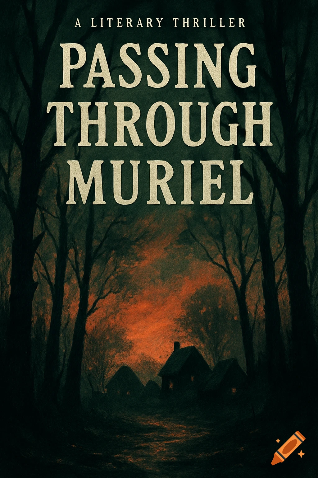 Book cover art for Passing Through Muriel, showing an ominous woods ...