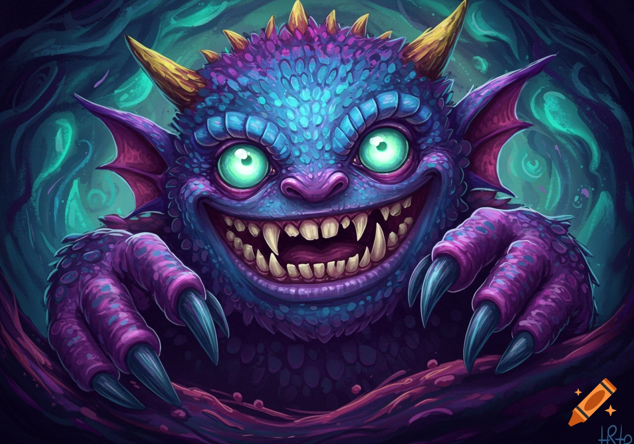 A brightly colored, smiling purple and blue scaled monster with large ...