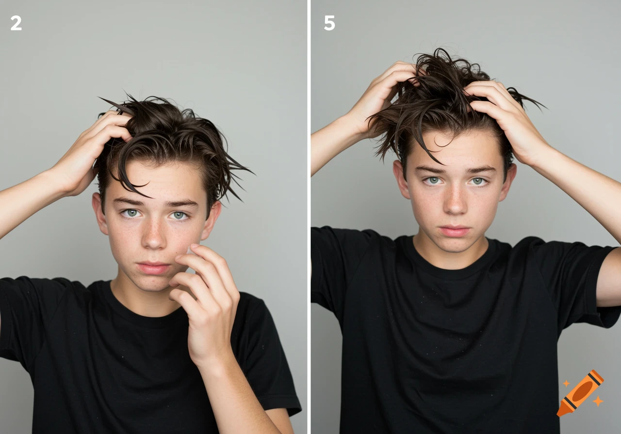 A young man with damp hair runs his hands through it in two separate ...