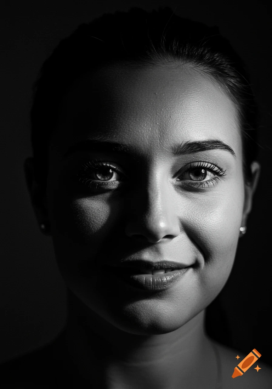 Close-up black and white portrait of a woman with dramatic lighting and a smile. on Craiyon