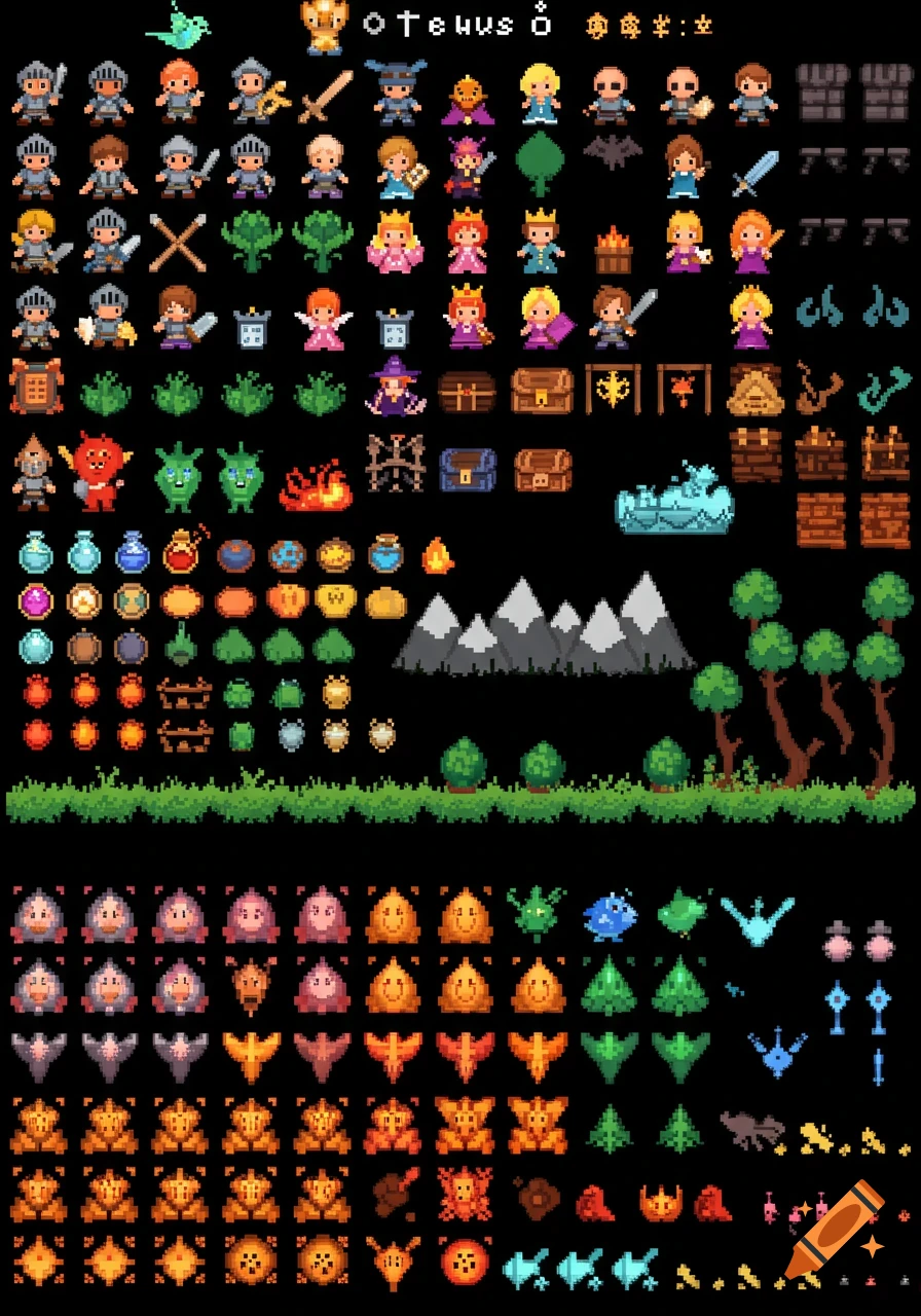 Pixel art sheet with game assets: characters, items, environment ...