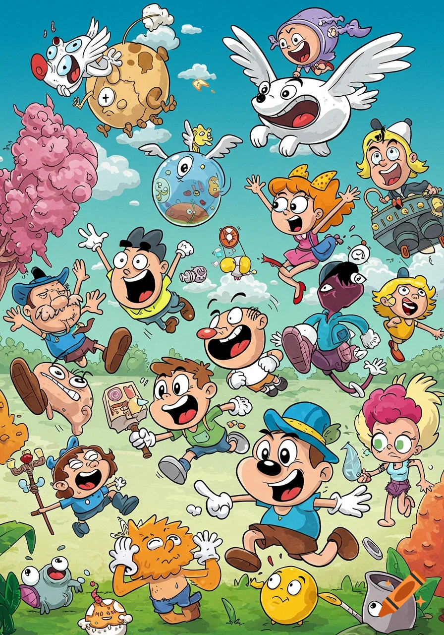 Colorful cartoon illustration of cheerful, exaggerated characters ...