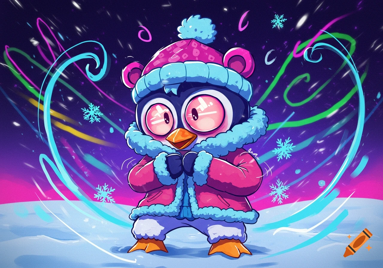 Cute cartoon penguin in pink winter coat and hat in the snow with ...