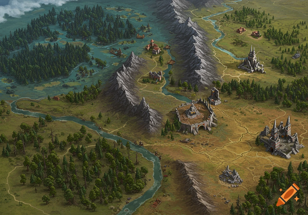 Top down fantasy map with mountains, forests, rivers, and structures ...