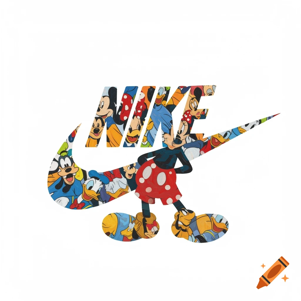 Nike swoosh logo filled with Disney characters like Mickey, Minnie ...