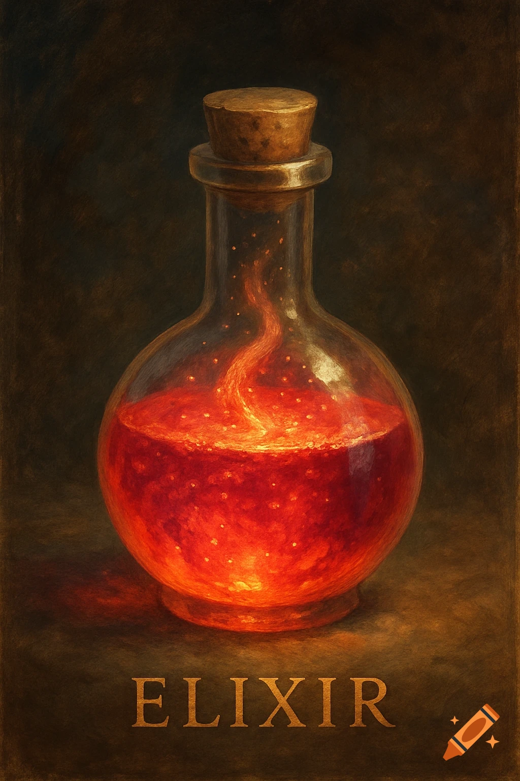 A glowing red elixir bubbles in a glass bottle labeled ELIXIR. on Craiyon