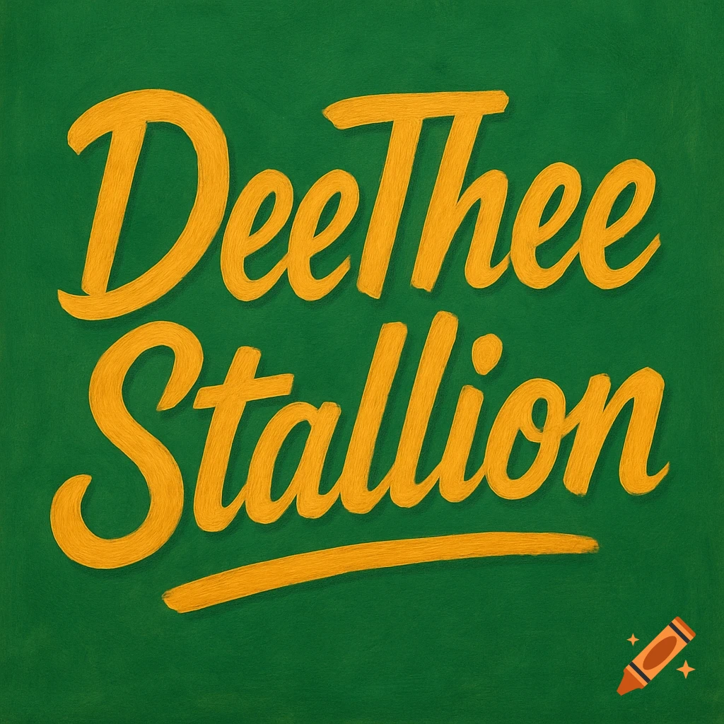 Yellow script text 'DeeThee Stallion' on a green background, painted ...