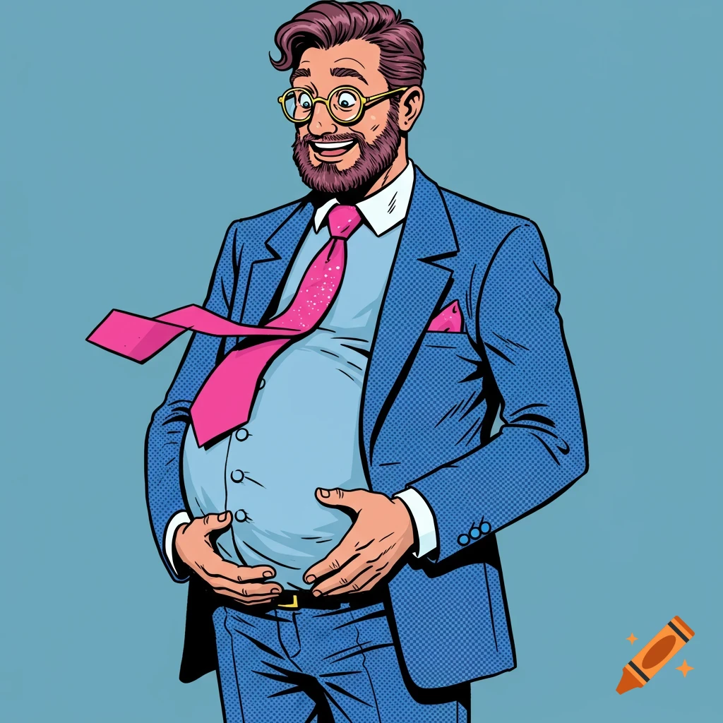 Pop art illustration of a man in a suit holding his large belly on Craiyon