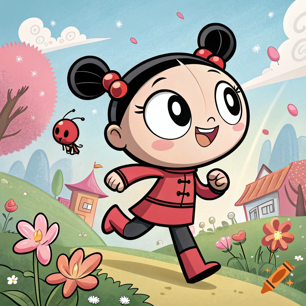 Cartoon character Pucca running on a path with a bug in a colorful ...