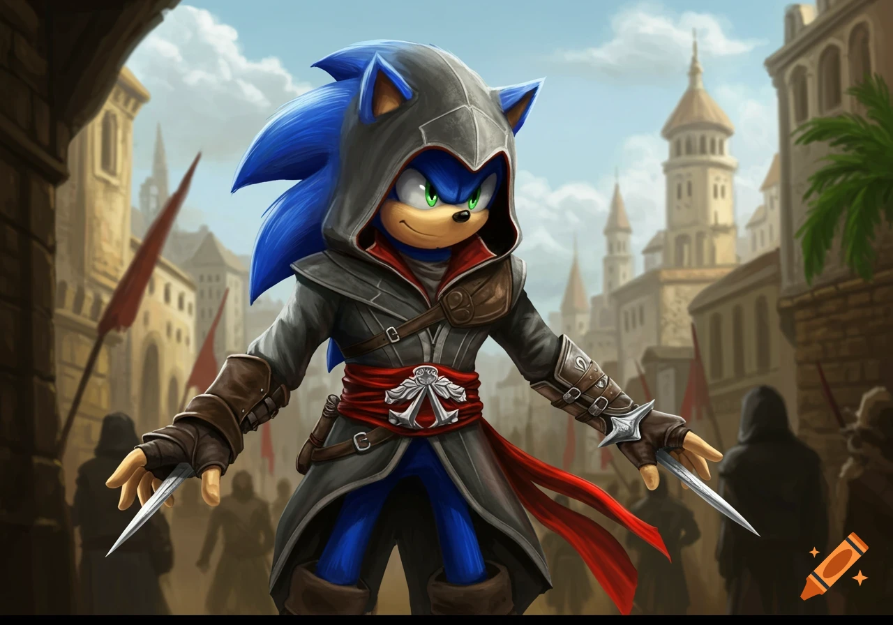 Sonic the Hedgehog in an Assassin's Creed costume holds hidden blades ...