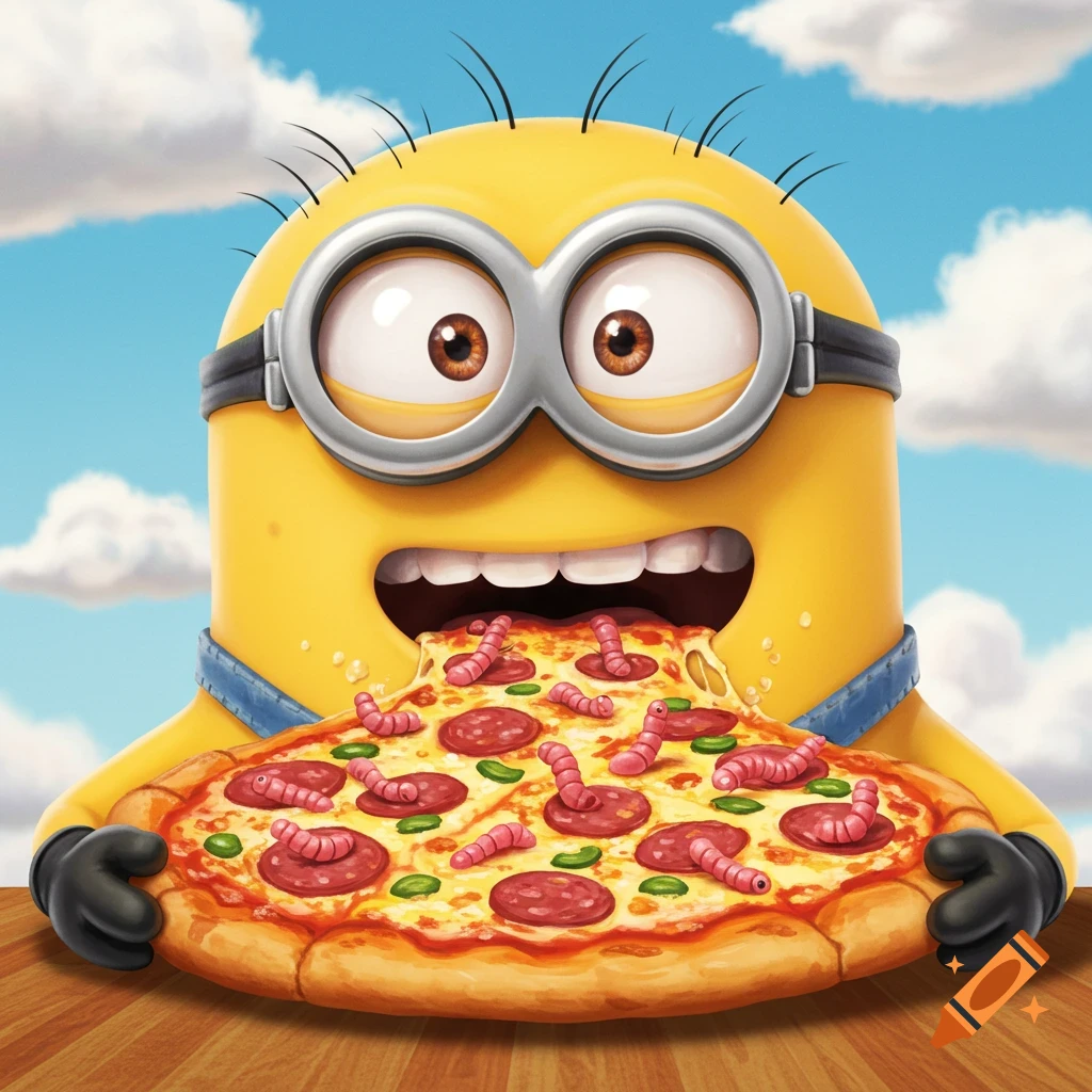 A Minion happily eats a slice of pizza topped with red worms. on Craiyon