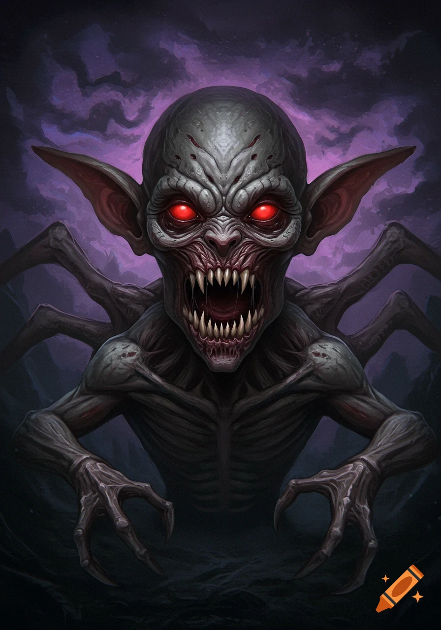 Scary grey monster with red eyes, sharp teeth, large ears, and spider ...