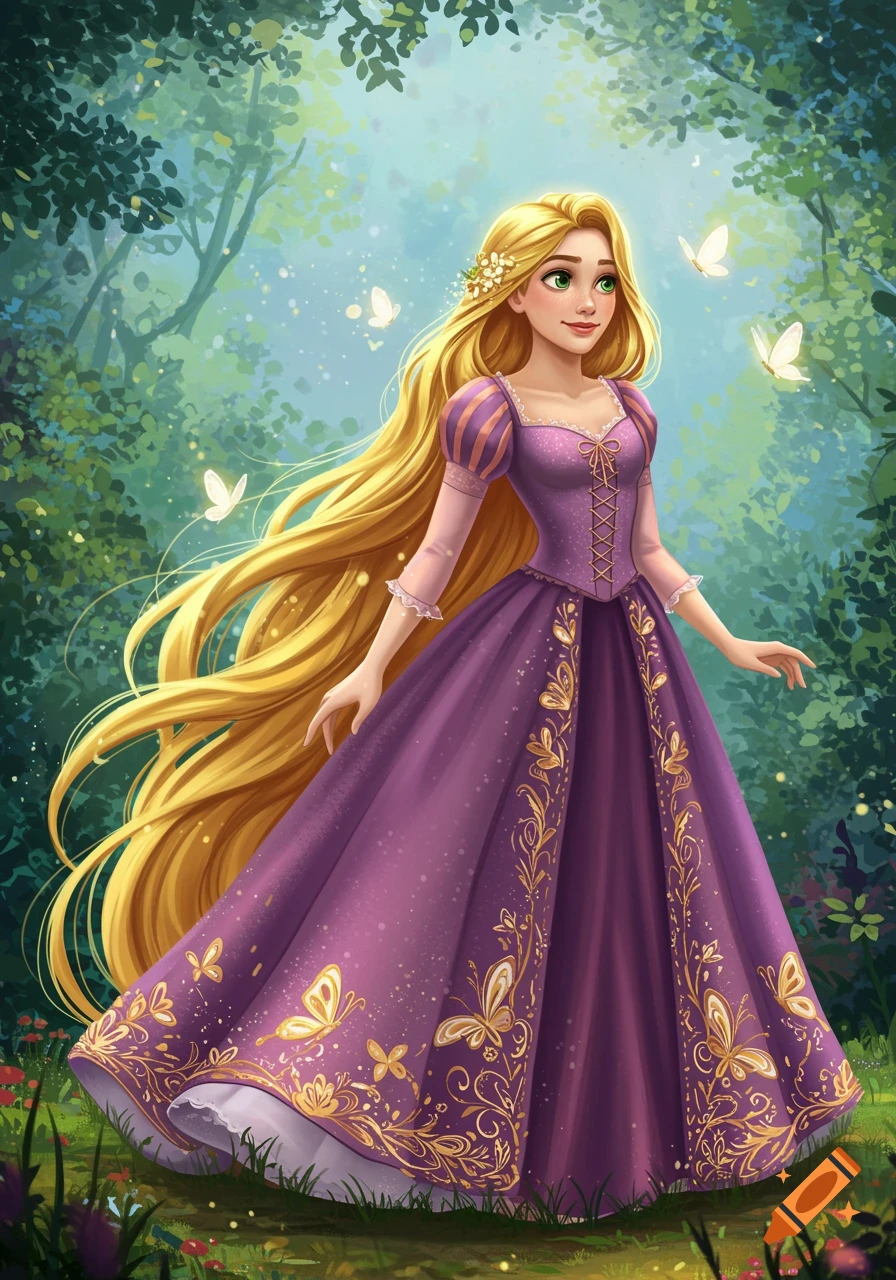 Illustration of Rapunzel in a purple gown with gold butterflies ...