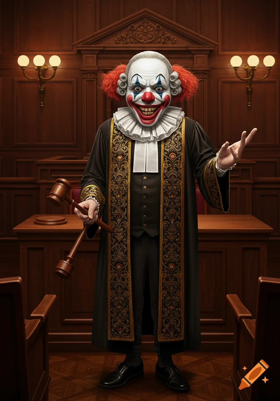 A judge with a clown face holds a gavel in a courtroom. on Craiyon