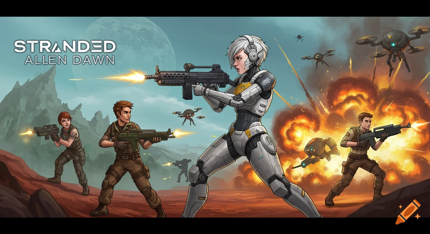 Cartoon sci-fi art of soldiers and a robot fighting drones and robots ...
